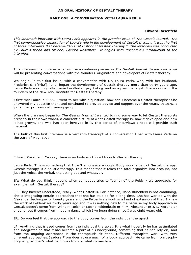 An Oral History of Gestalt Therapy - An Interview With Laura Perls ...