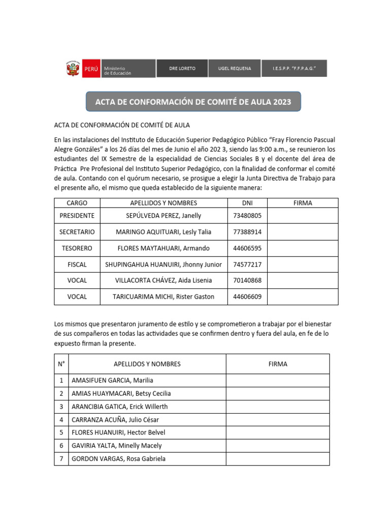 Acta de Conformación de Comité de Aula | PDF