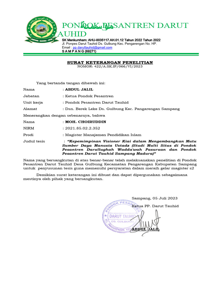 Surat Keterangan Penelitian Pondok Pesantren | PDF