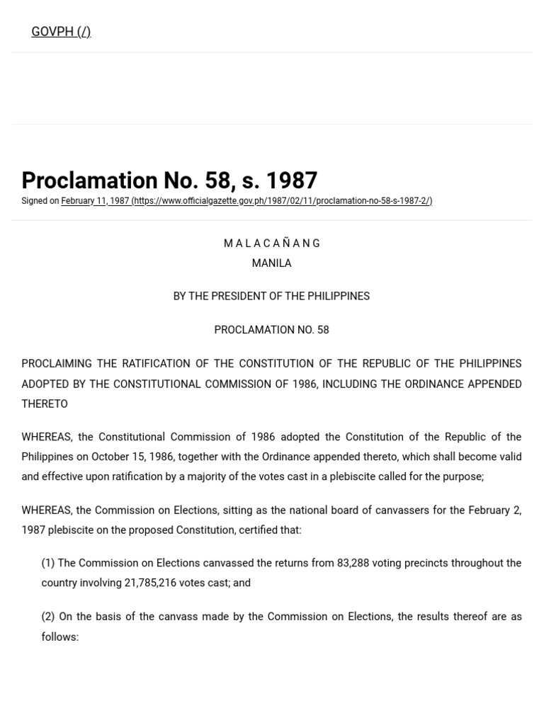Proclamation No. 58, S. 1987 - Official Gazette of The Republic of The ...