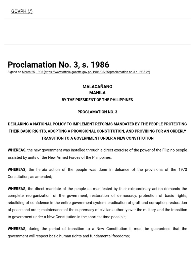 Proclamation No. 3, S. 1986 - Official Gazette of The Republic of The ...