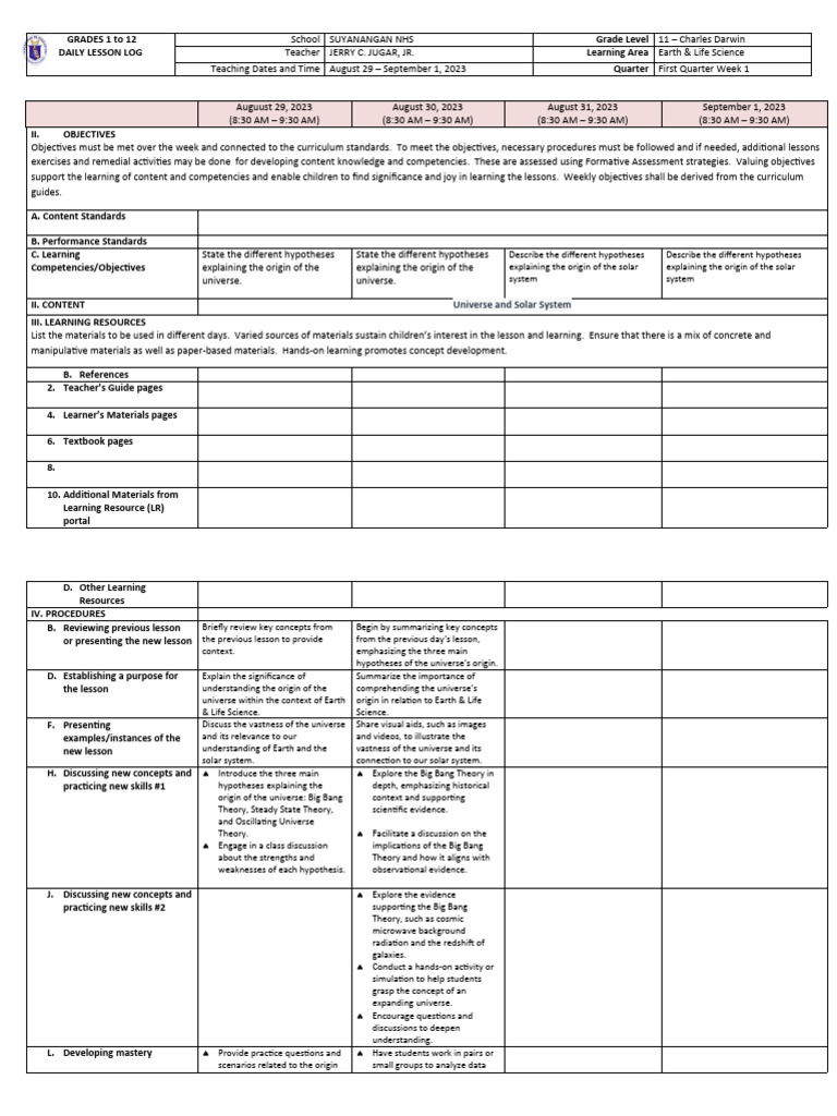 DLL Earth & Life Science Week 1 - (August 29-September 1, 2023) | PDF