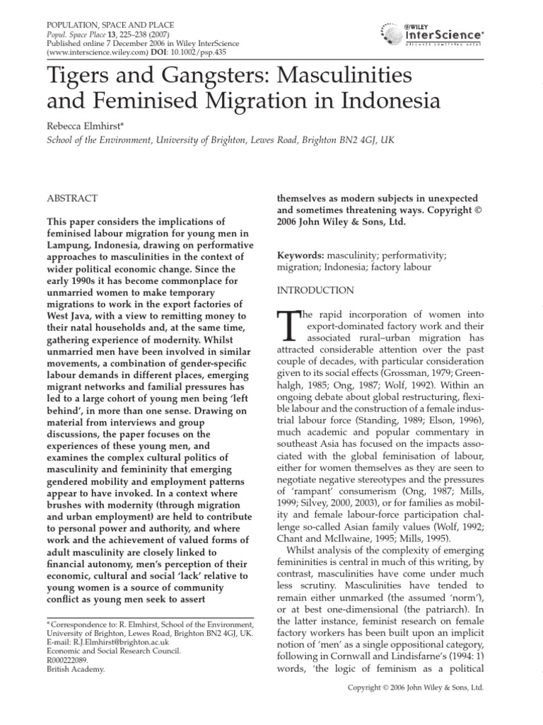 Population Space and Place - 2006 - Elmhirst - Tigers and Gangsters Masculinities and Feminised ...