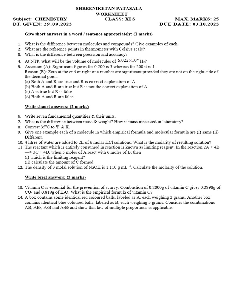 G11 CHEMISTRY WS UNIT 1 - 29102023 | PDF