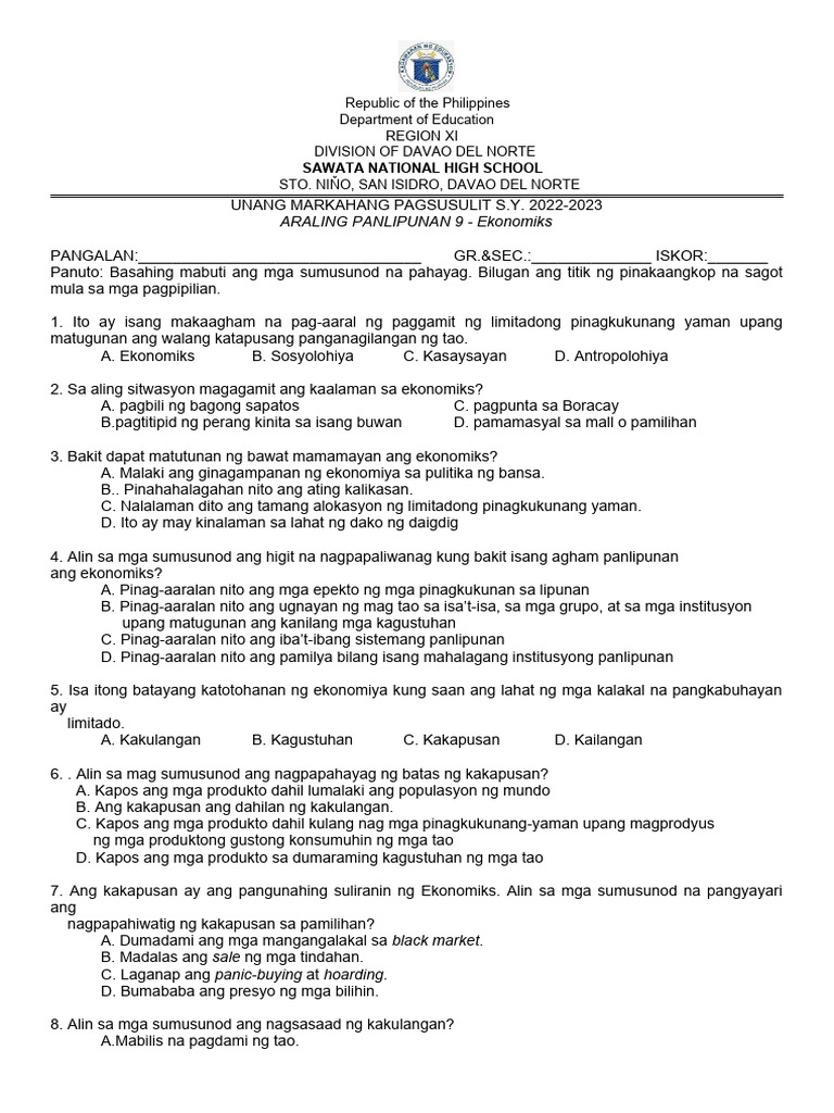 1ST Quarter Exam Grade 9 | PDF