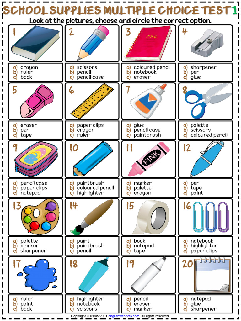 School Supplies Vocabulary Esl Multiple Choice Tests For Kids | PDF