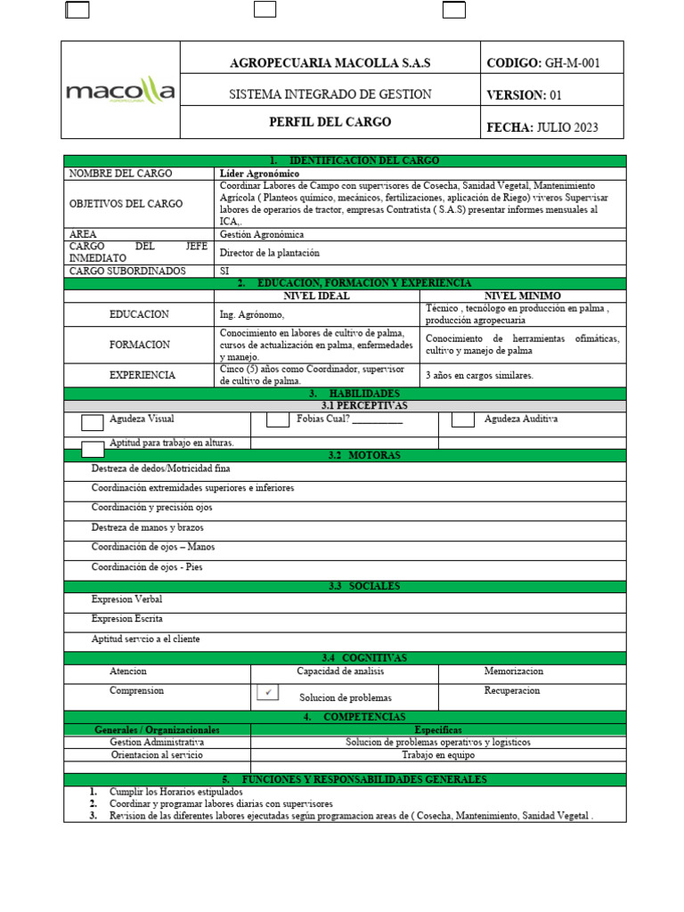 GH-MT-001 Manual de Perfiles de Cargo Lider Agronomico | PDF