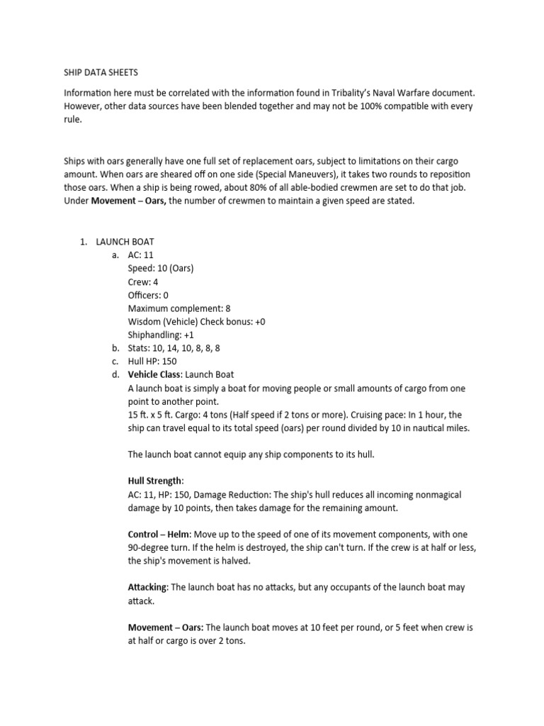 Ship Data Sheets (For Pasting) | PDF