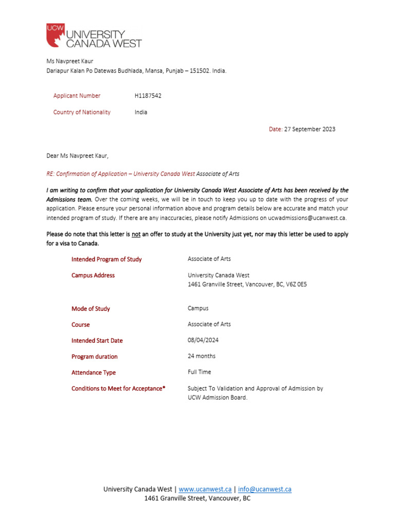 Applicant Number Country of Nationality Date:: RE: Confirmation of Application - University ...