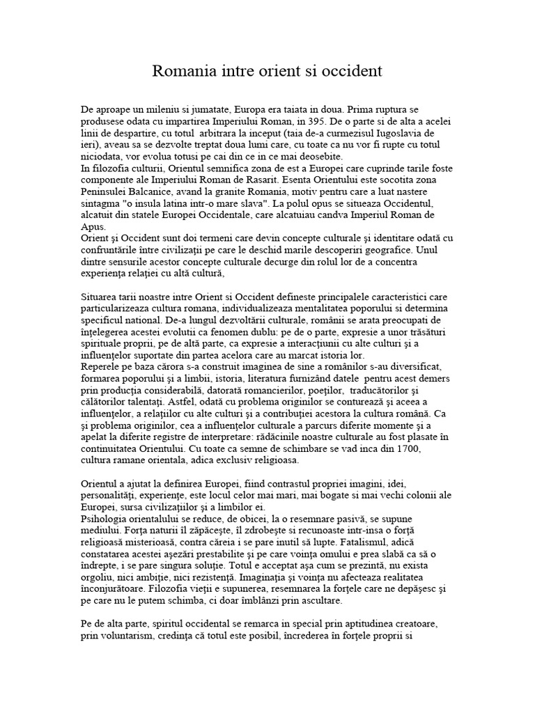 Romania Intre Orient Si Occident | PDF