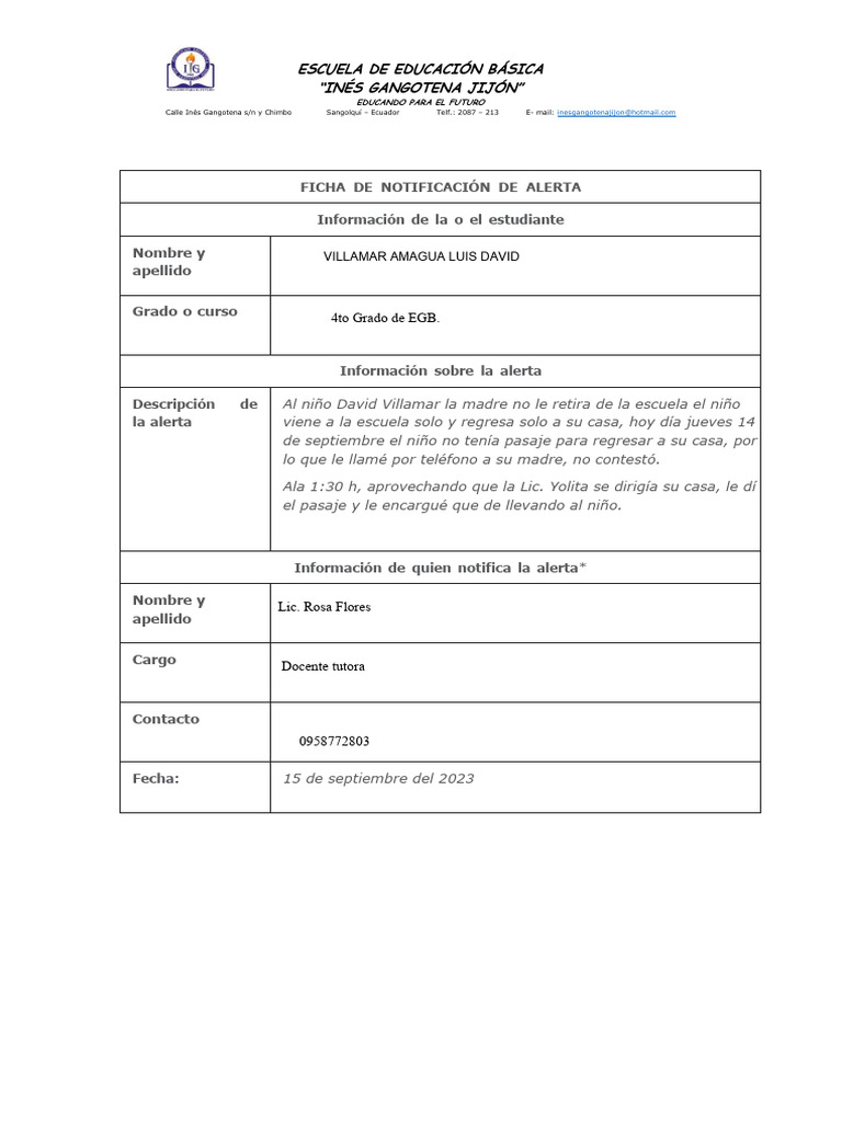 Ficha de Notificación de Alerta Escolar | PDF