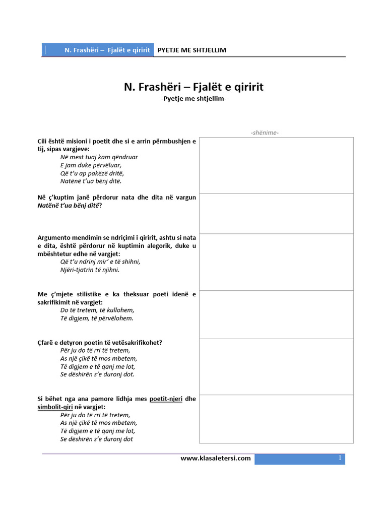 N. FRASHËRI FJALËT E QIRIRT Pyetjet Me Shtjellim | PDF