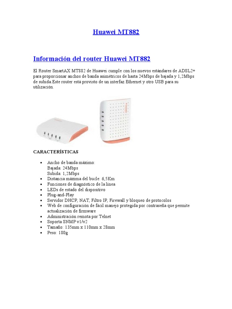 Configuración del Router Huawei MT882 | PDF | Enrutador (Computación ...