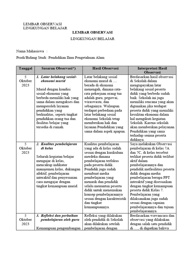 Lembar Observasi Lingkungan Belajar | PDF | Sains & Matematika
