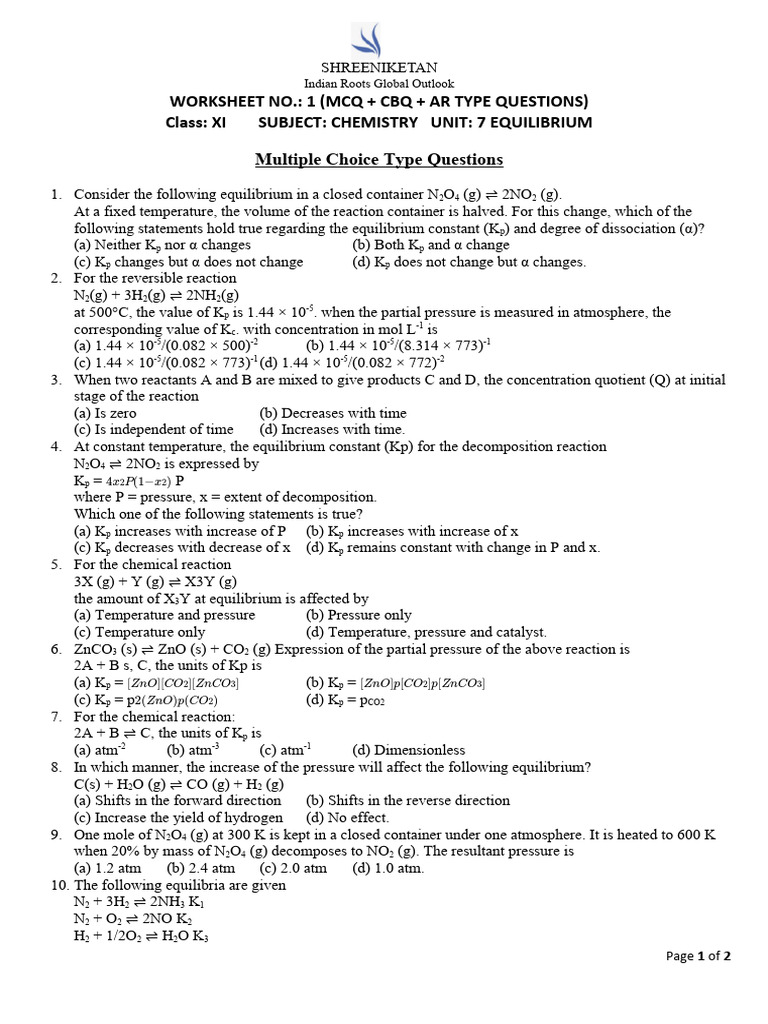 G11 Chemistry WS No. 1 Unit 7 Equilibrium - 21092023 | PDF