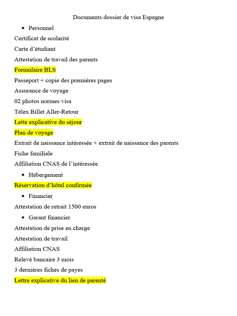 Documents Dossier de Visa Espagne | PDF