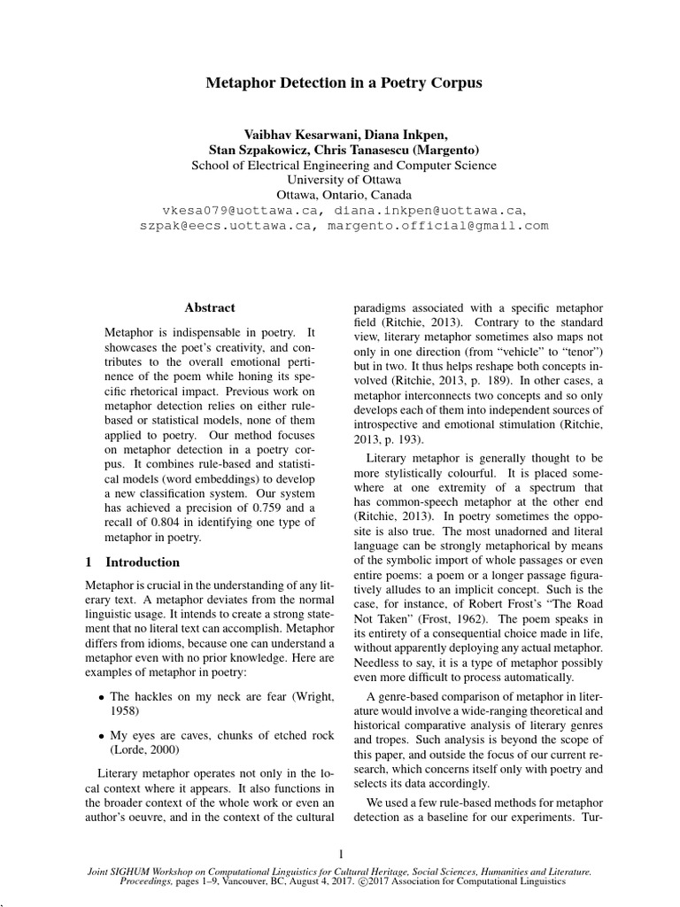 Metaphor Detection In Poetic Corpus Pdf