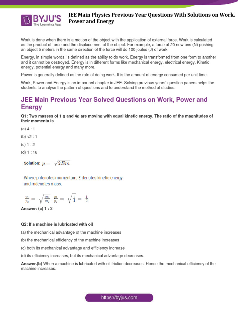 JEE Main: Work, Power, Energy PYQs | PDF | Force | Power (Physics)