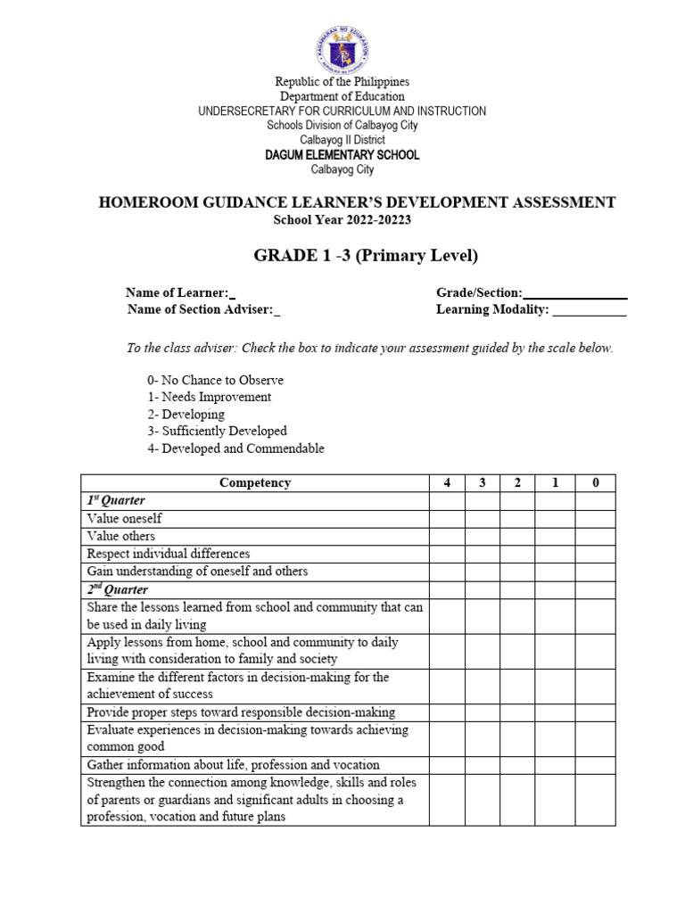 Homeroom Guidance Learners Development Assessment Grade 1 3 Edited | PDF