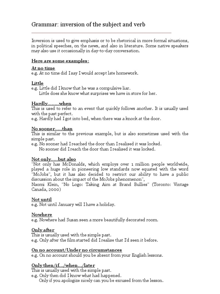 Subject Verb Inversion | PDF | Rules | Communication