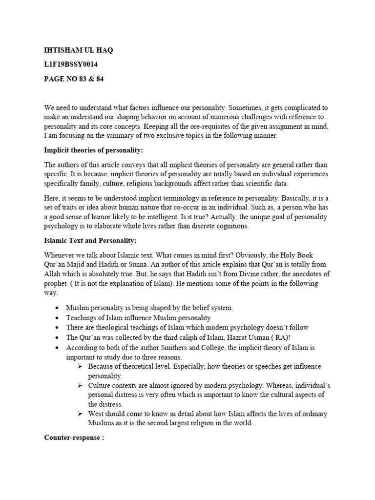 Muslim Psychology Summary (Ihtisham) | PDF