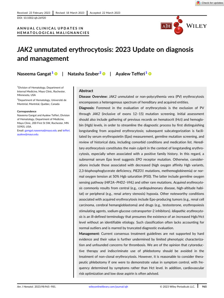 American J Hematol - 2023 - Gangat - JAK2 Unmutated Erythrocytosis 2023 ...