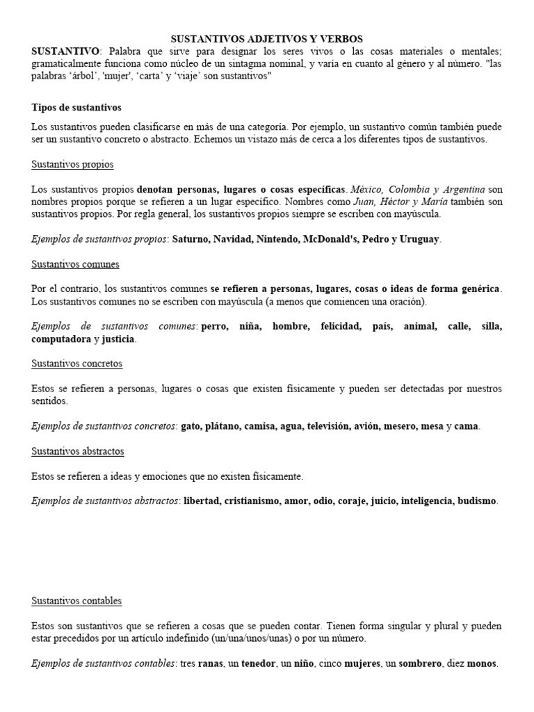 Sustantivos Adjetivos y Verbos | PDF