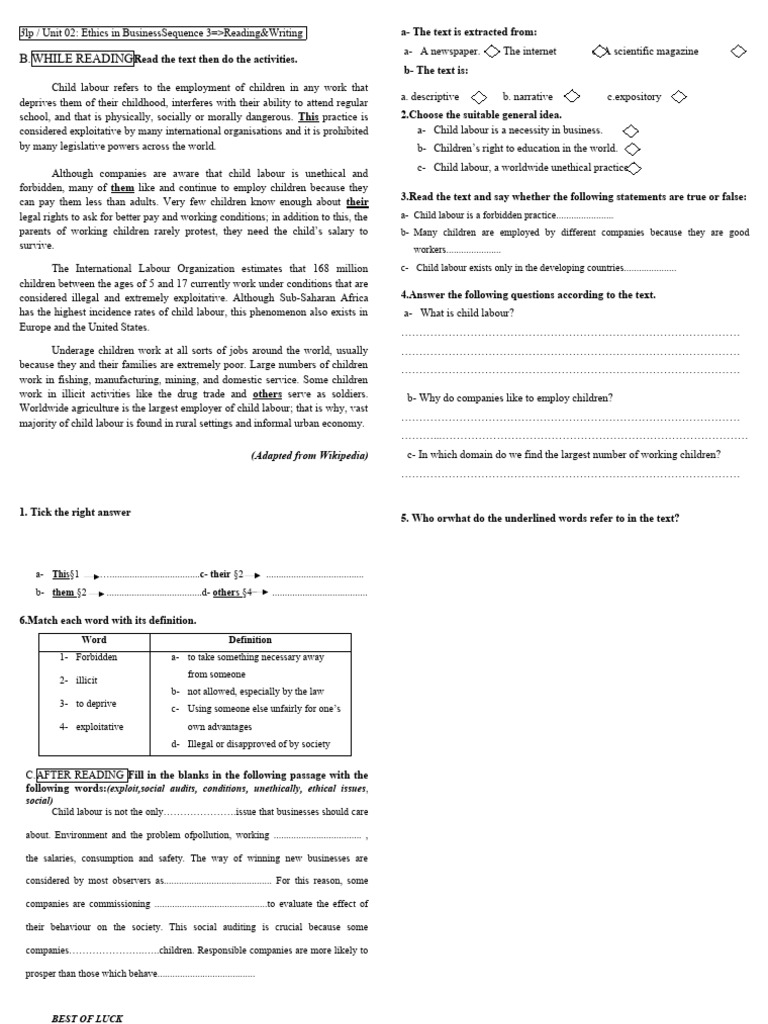 Child Labour Worksheet 1 | PDF