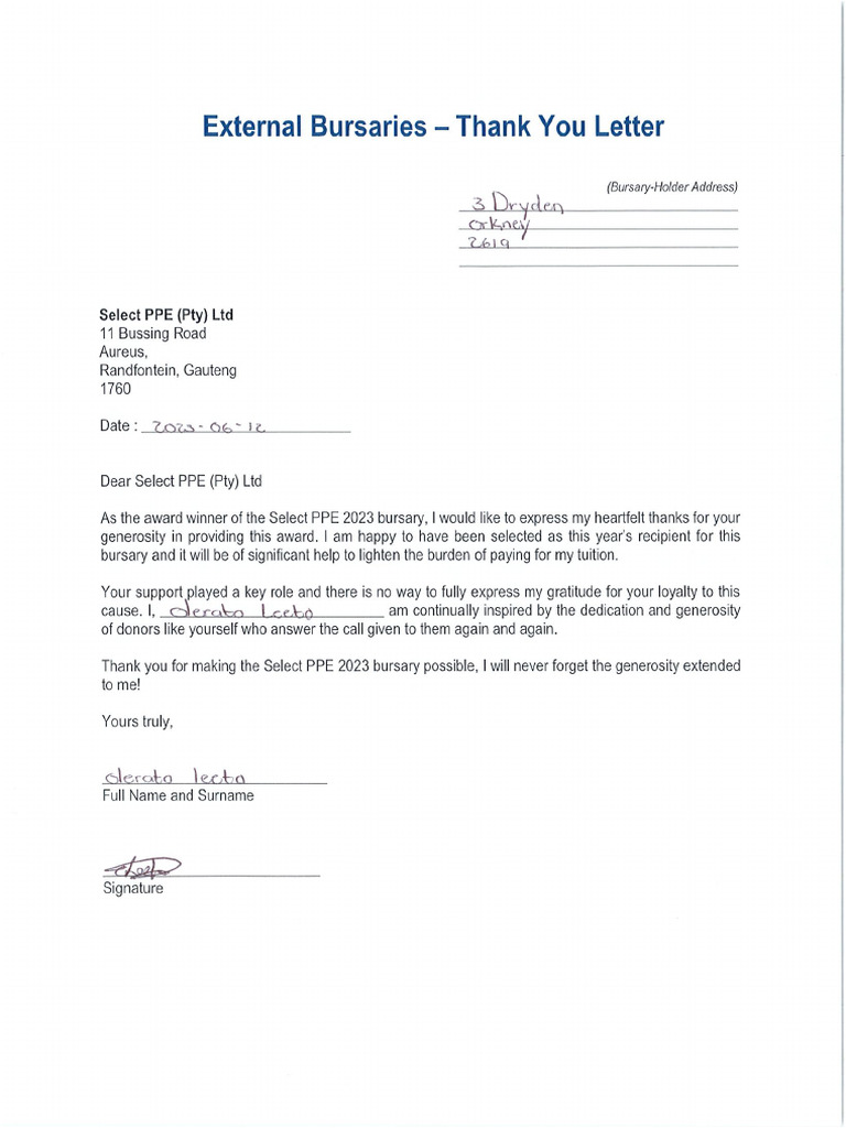 External Bursaries _ Thank You Letter | PDF