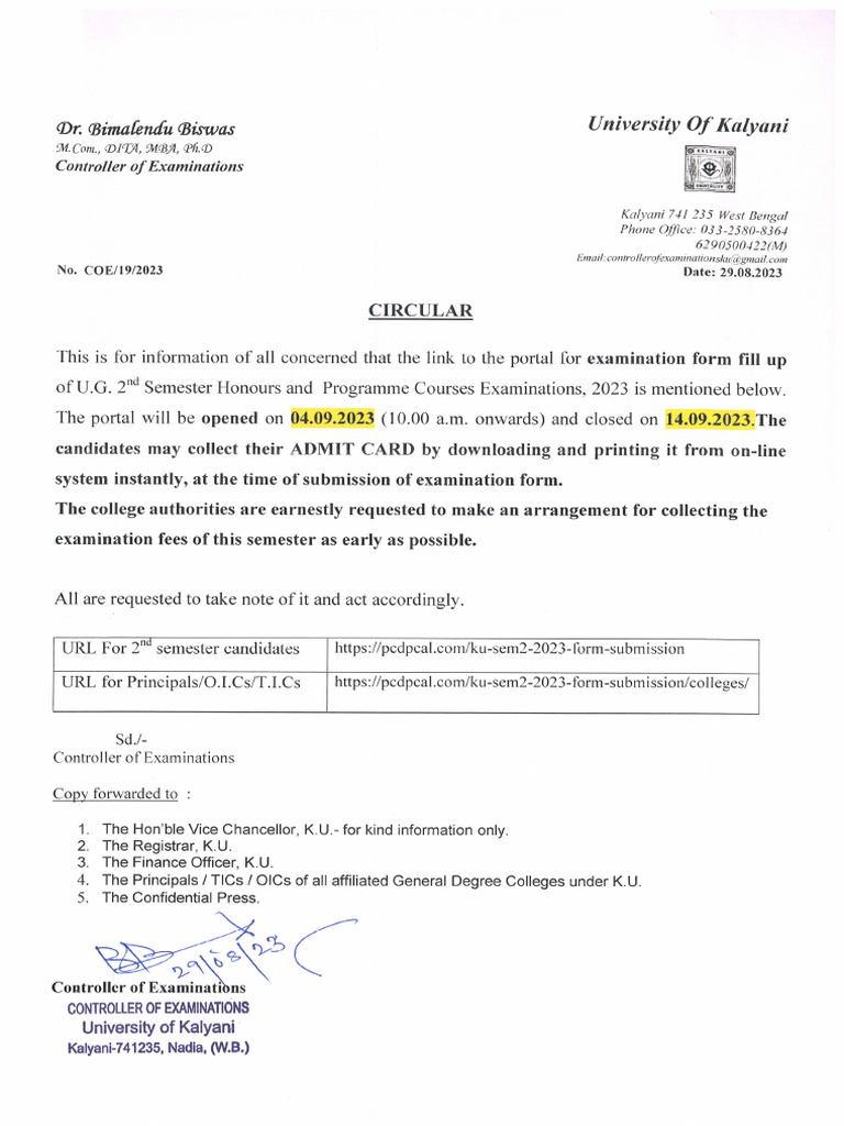 2nd Semester Exam Form Fill Up Circular. 2023 | PDF