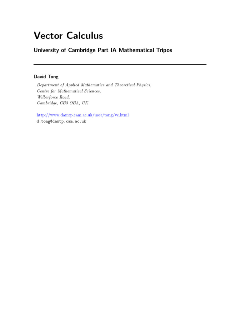 Vector Calculus Cambridge University | PDF