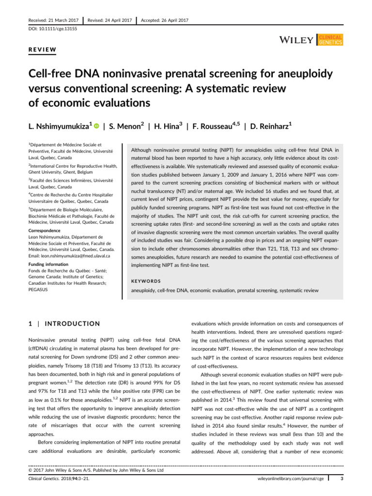 Review - Cell Free DNA Non-Invasive Prenatal Screening - Nshimyumukiza ...