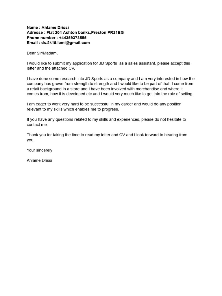 JD Sports Cover Letter | PDF