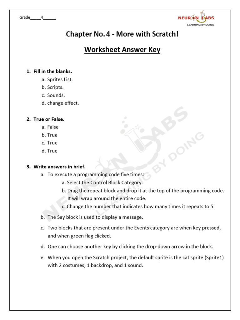Grade 4 Computer CHP No 4 More With Scratch! - Worksheet - AnswerKey | PDF