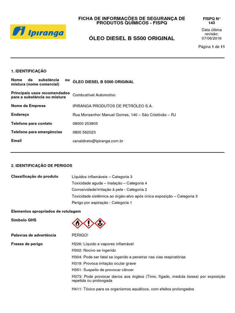 Óleo Diesel B S500 Original - Onu1202 - Rev 070616 | PDF