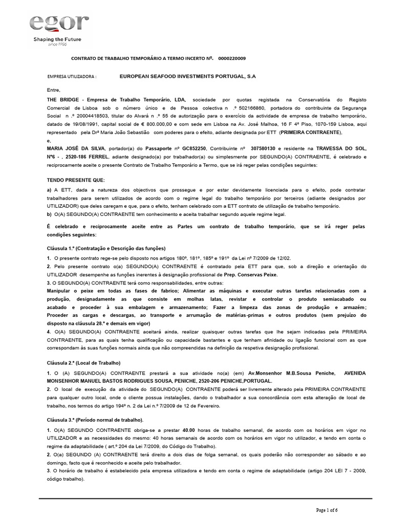 Contrato Temporário: European Seafood | PDF | Indenização | Férias ...
