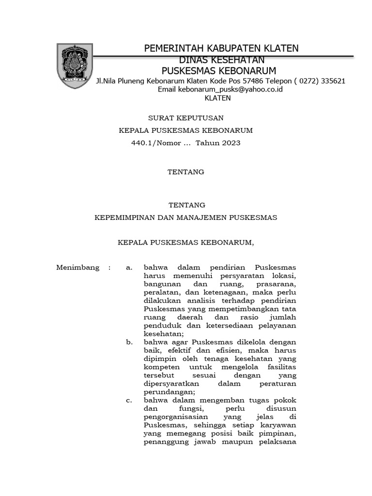 SK Kepemimpinan Dan Manajemen Puskesmas 2023 | PDF