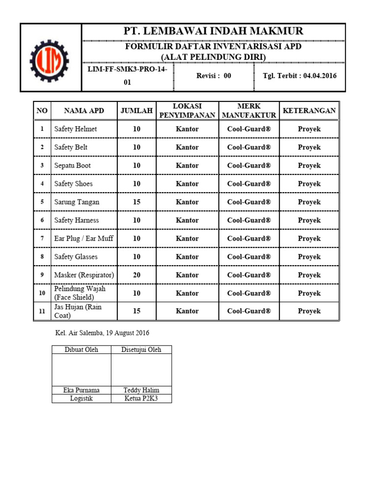 Lim-Ff-Smk3-Pro-14-01 Formulir Daftar Inventarisasi Apd | PDF | Teknologi & Rekayasa