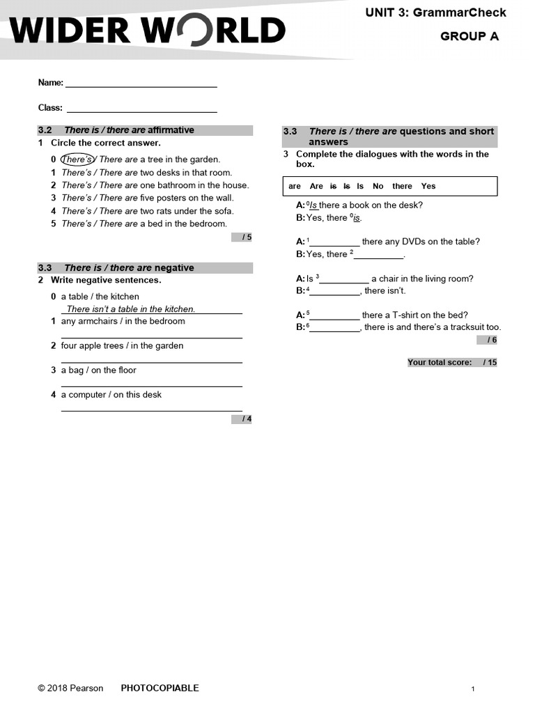 Wider World Starter Tests GrammarCheck 3A Final | PDF
