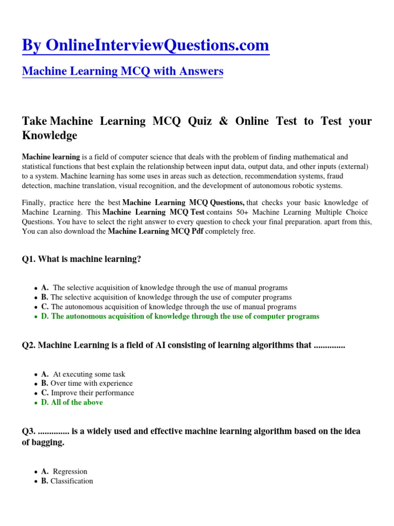 Machine Learning Mcq Pdf
