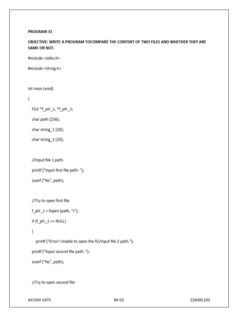 Program 31 Objective: Write A Program Tocompare The Content of Two ...