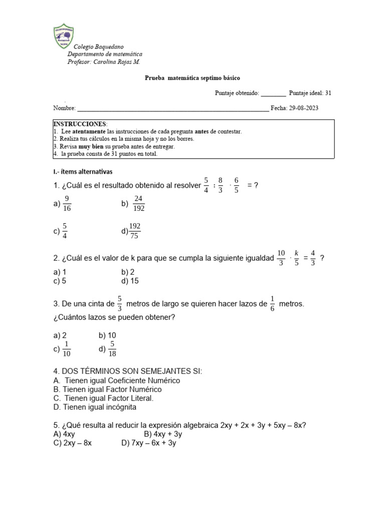 Prueba Séptimo | PDF Prueba Séptimo | PDF