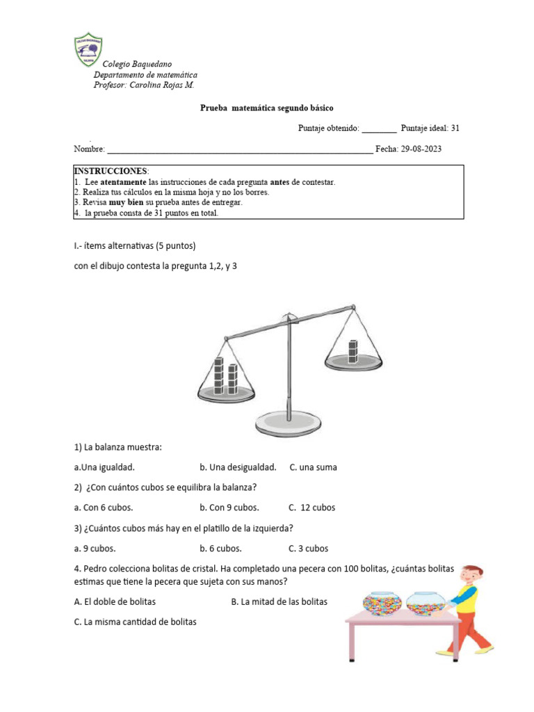 Prueba Matemática Segundo Básico | PDF