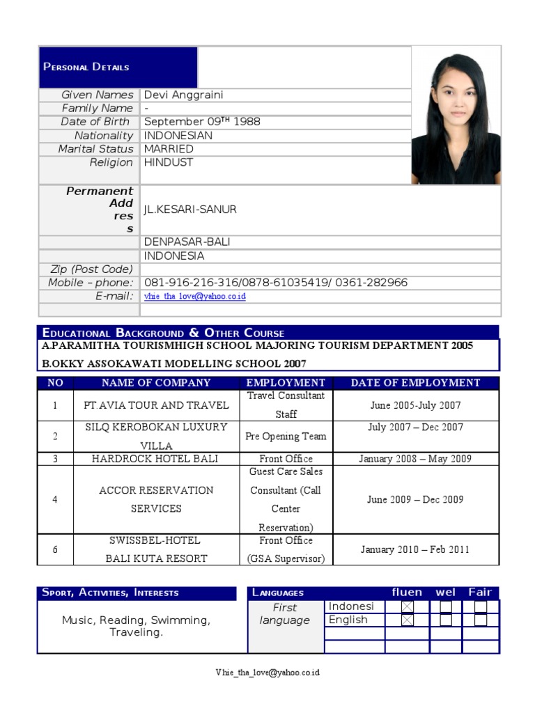 Curriculum Vitae Devi | PDF | Hotel And Accommodation | Tourism And Leisure