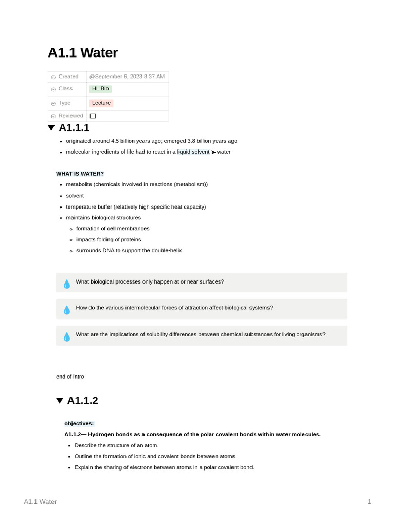 A1 1 Water IB BIO - Notes (HL) | PDF