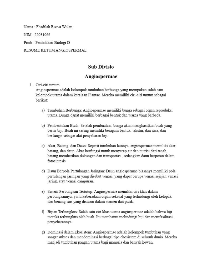 Ciri dan Klasifikasi Angiospermae | PDF