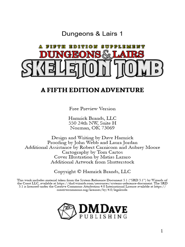 DMDave - Dungeons & Lairs 1 - Skeleton Tomb - Free Preview Version | PDF