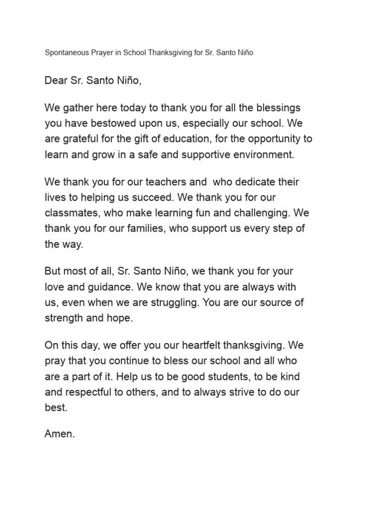 Spontaneous Prayer in School Thanksgiving For Sr. Santo Niño | PDF