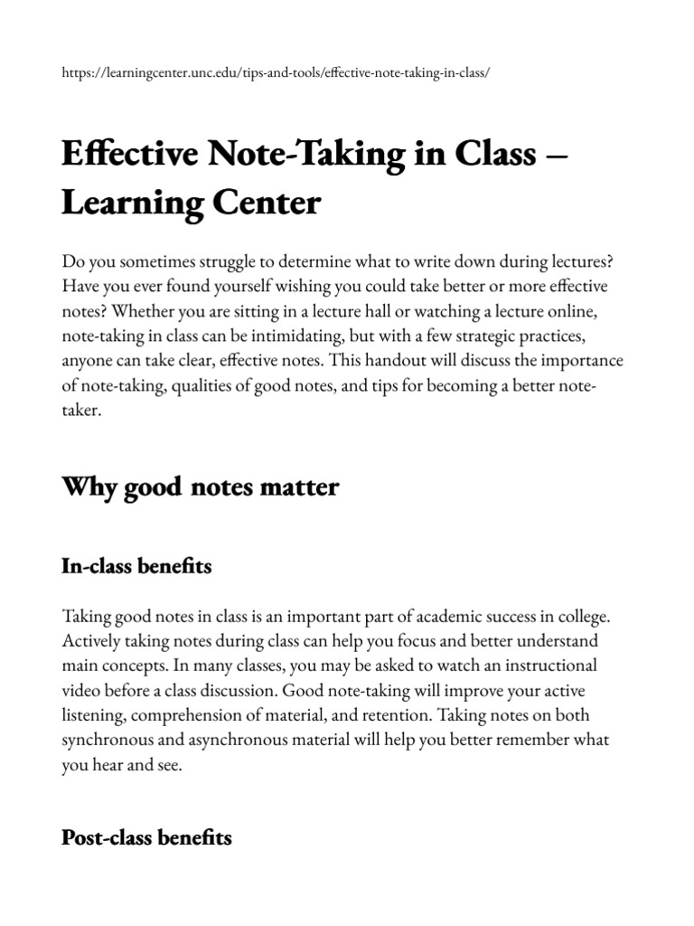 Effective Note-Taking in Class – Learning Center | PDF | Cognitive ...