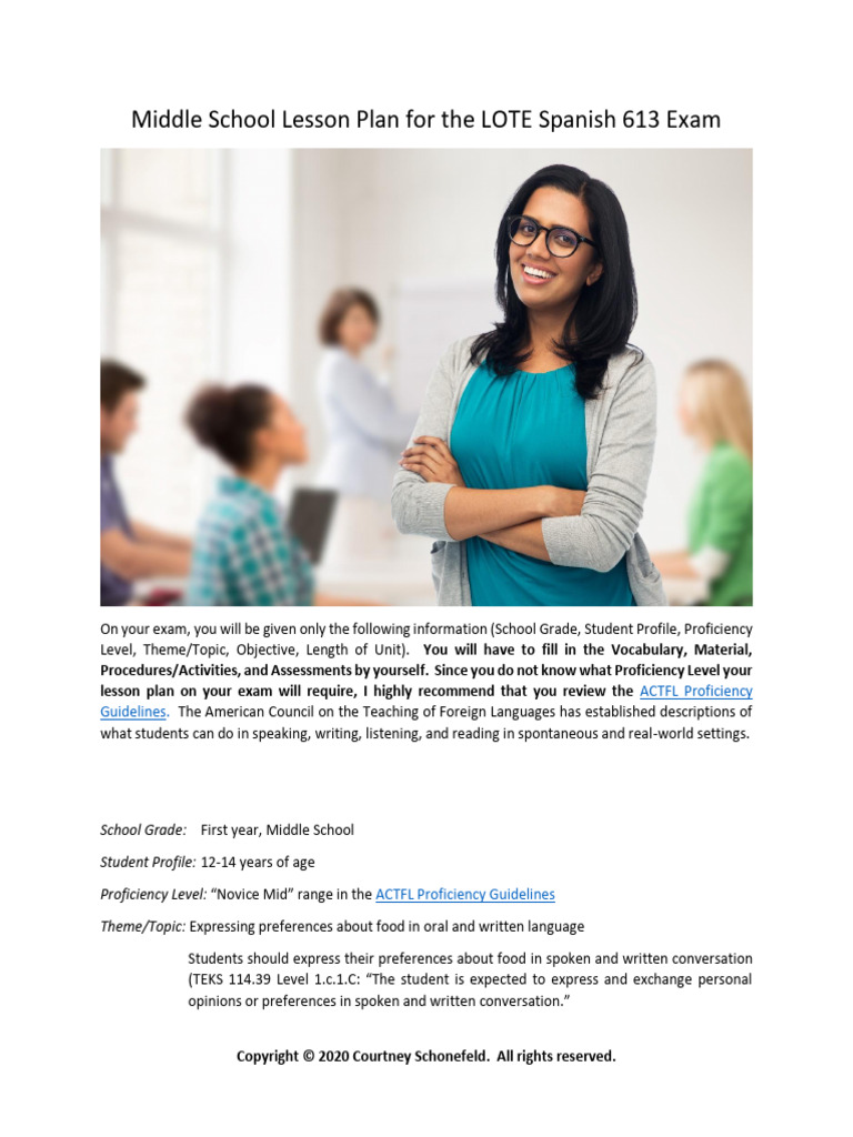 Middle School Lesson Plan for the LOTE Spanish 613 Exam | PDF ...
